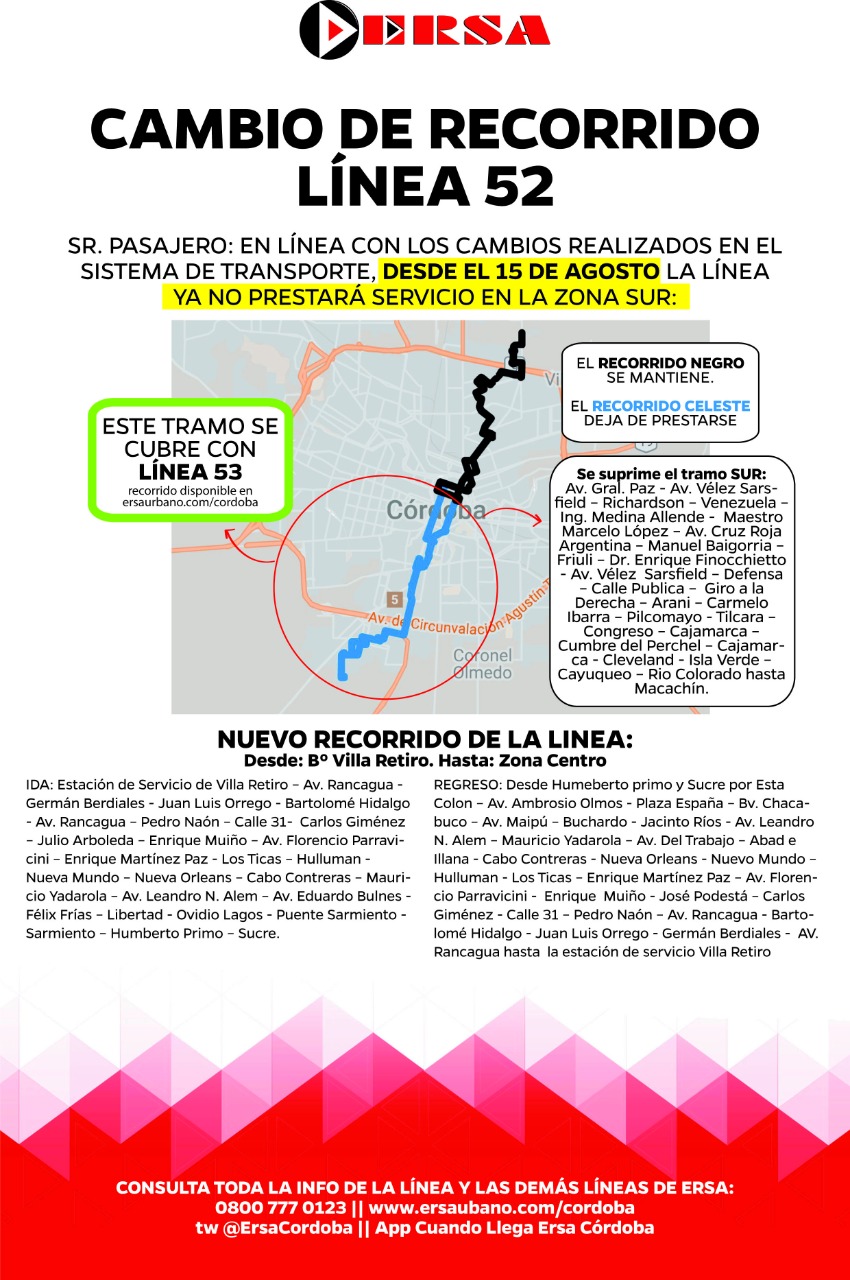 Desde este 15 de agosto, la línea 53 reemplaza a la 52 en el servicio ...